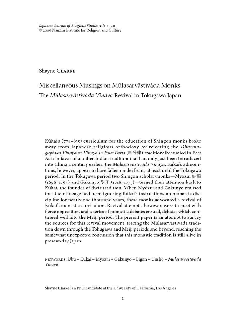 Clarke, S - Miscellaneous Musings On Mulasarvastivada Monks | PDF | Schools Of Buddhism | Indian ...