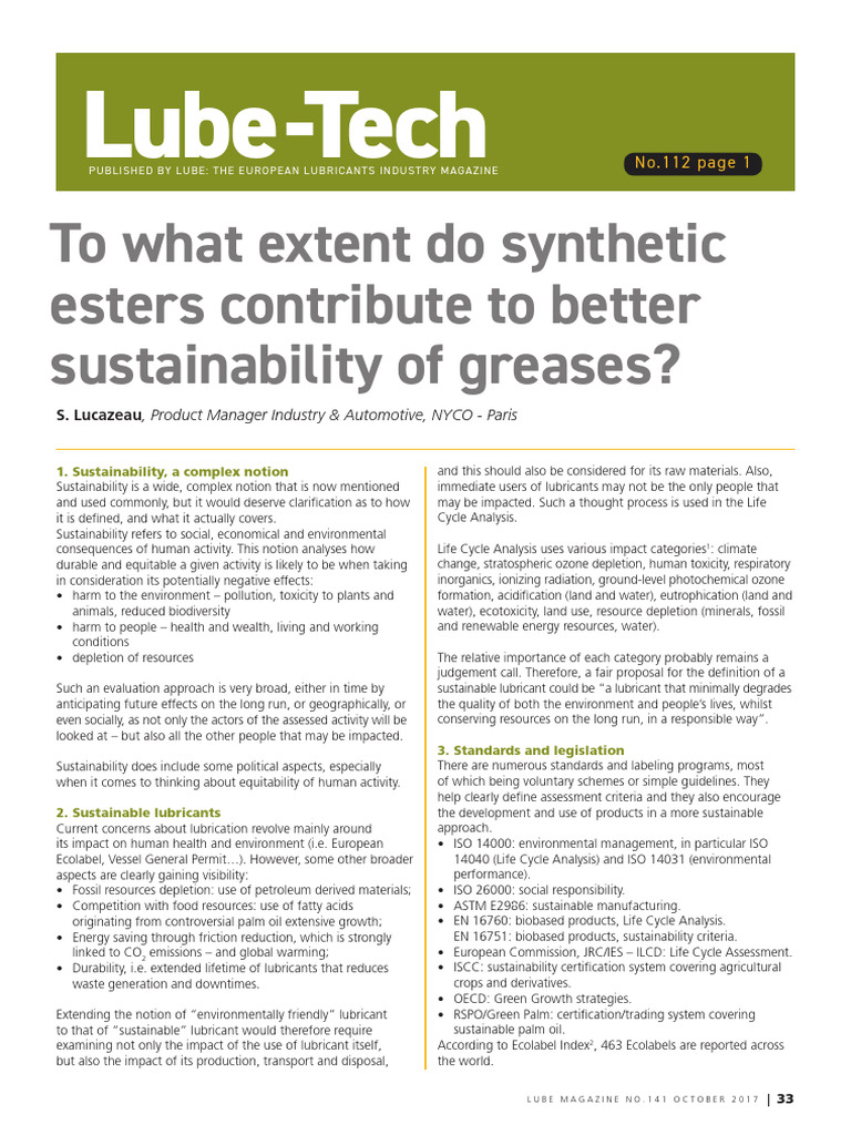 Lube Tech - : To What Extent Do Synthetic Esters Contribute To Better Sustainability of Greases ...