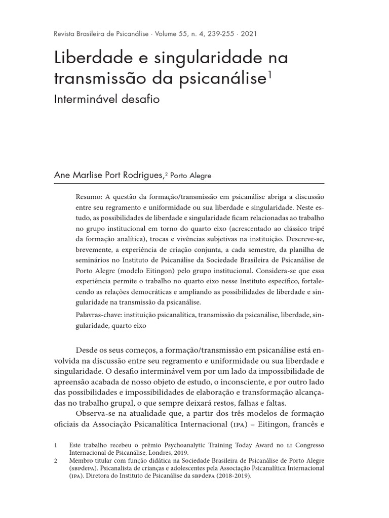 Liberdade e Singularidade Na Transmissão Da Psicanálise: Interminável Desafio | PDF ...