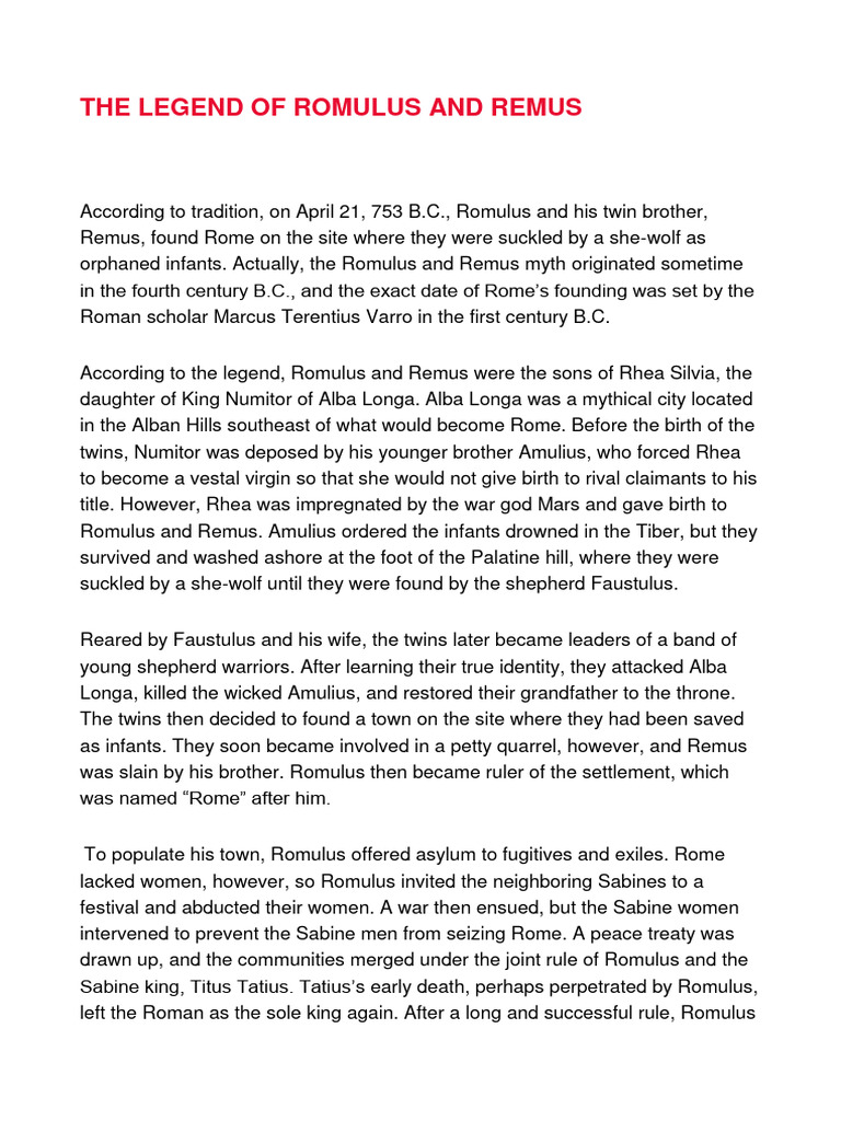 The Founding Legend of Rome: Romulus & Remus | PDF | Romulus And Remus ...