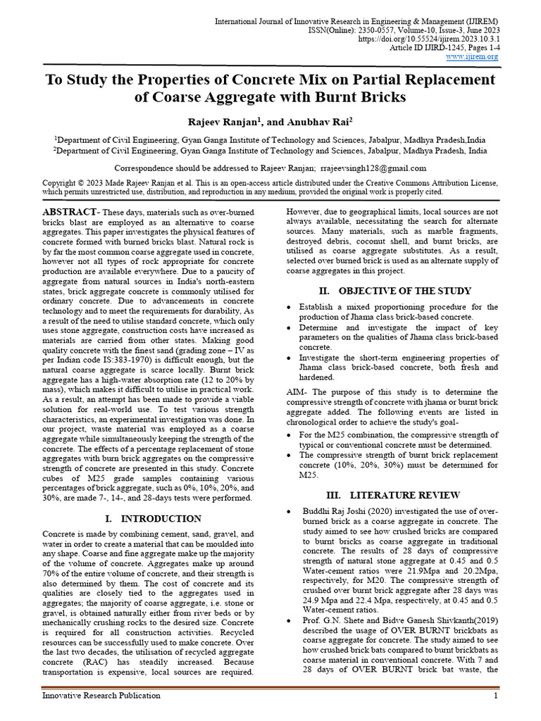 1 to Study the Properties of Concrete Mix on Partial Replacement of Coarse Aggregate With Burnt ...