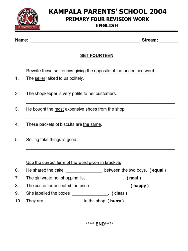 Primary Four Revision Work Set 14 Kampala Parents School | PDF