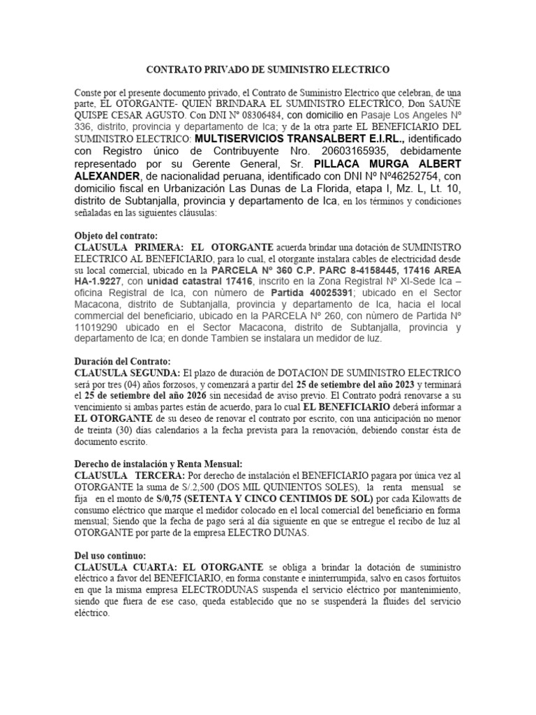 Contrato Privado de Suministro Electrico | PDF