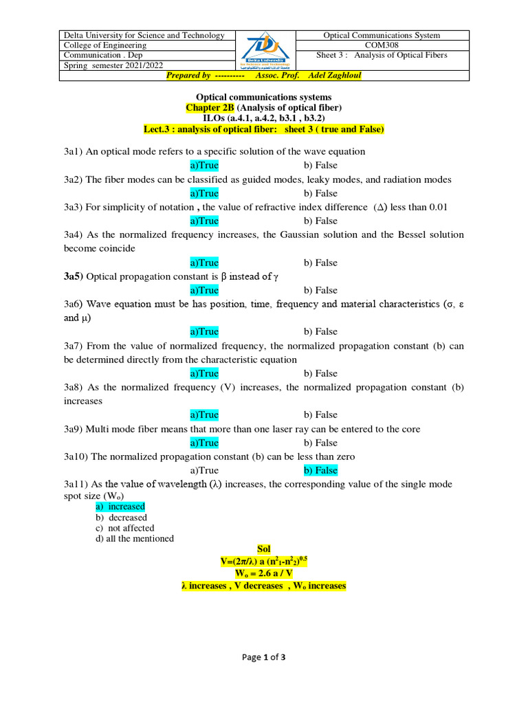 Optical Communications (Solved Sheets 3) PDF | PDF | Waves | Optics