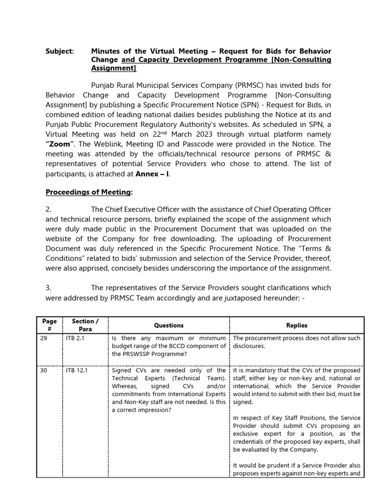 1-BCCD Minutes of Pre-Bid Meeting, 30.03.2023 | PDF | Taxes | Joint Venture