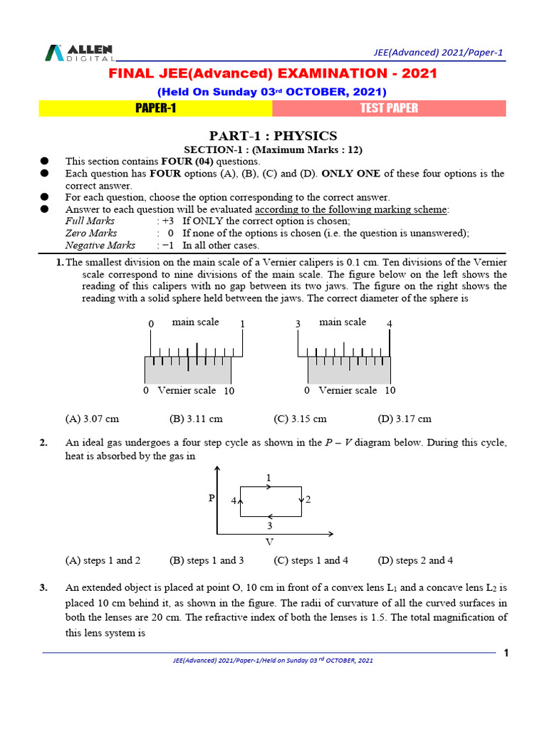 JEE Advanced Paper 1 (1) | Download Free PDF | Rotation Around A Fixed Axis