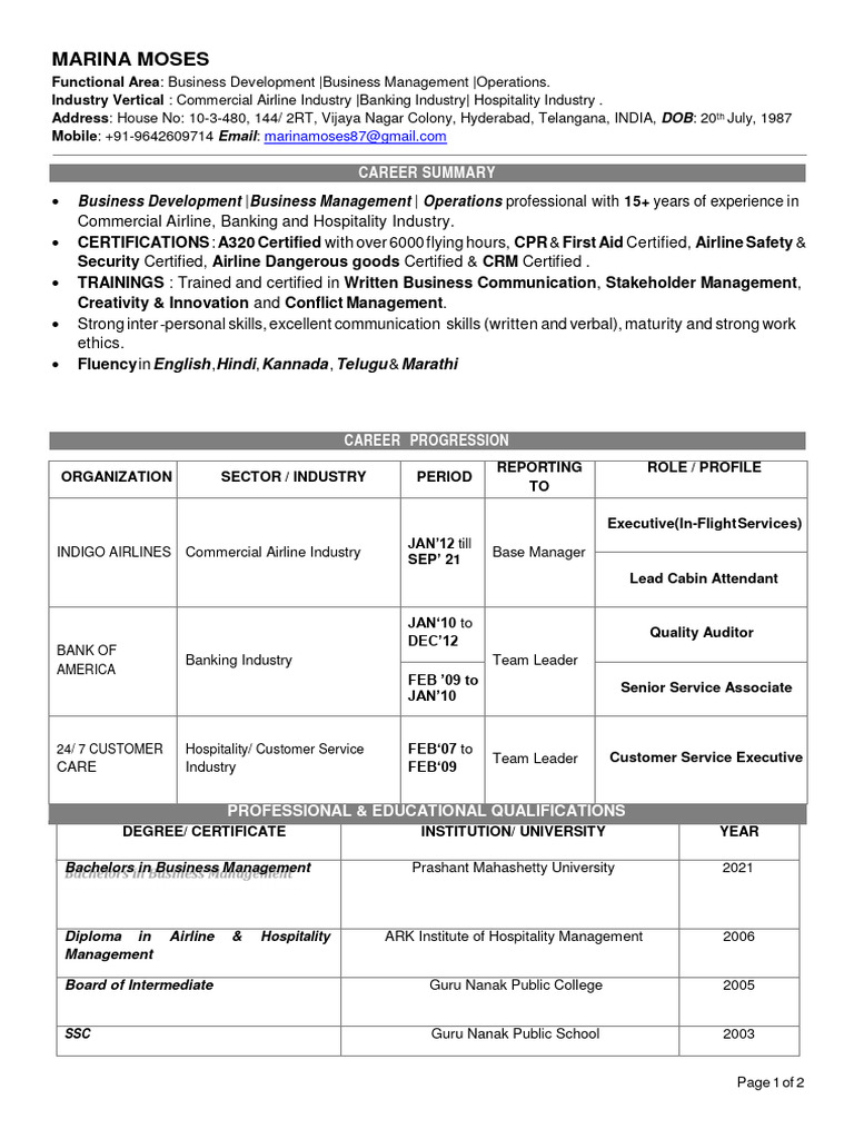 Marina Moses CV-2021 | PDF | Flight Attendant | Aviation