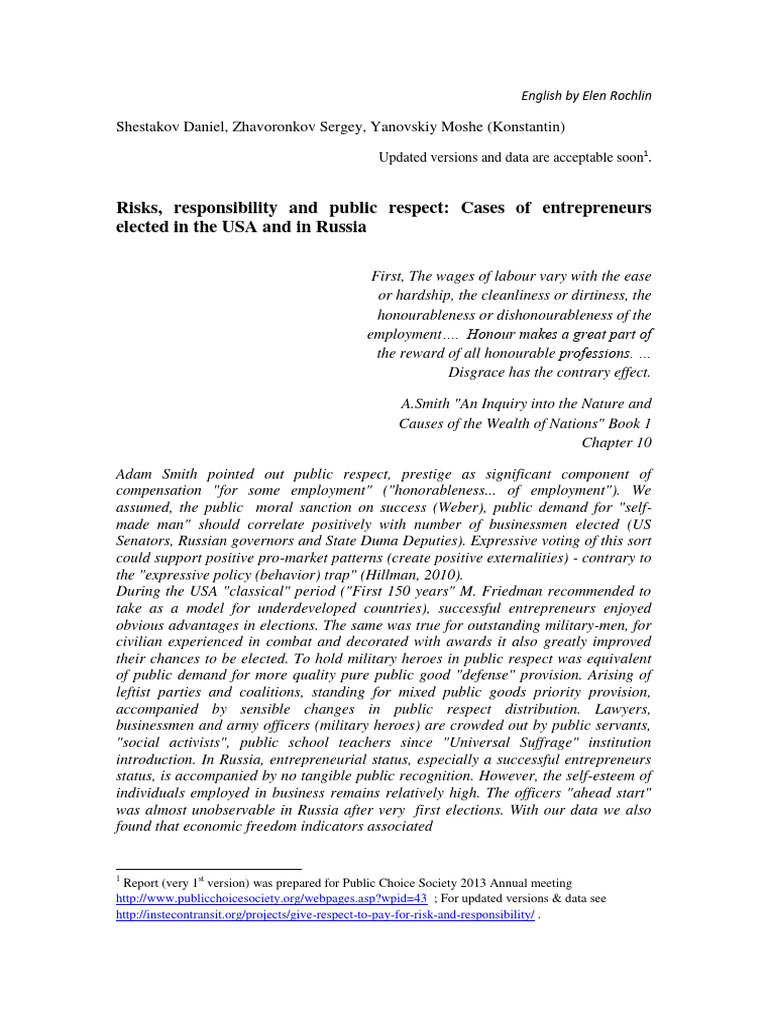 Risks, Responsibility and Public Respect: Cases of Entrepreneurs ...
