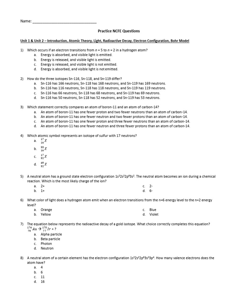 Chemistry Practice Packet 7 - Units Breakdown | PDF | Atoms | Neutron