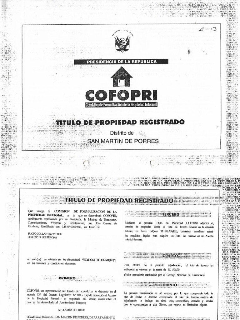 COFOPRI. Título de Propiedad Registrado-San Martín de Porres (1) | PDF