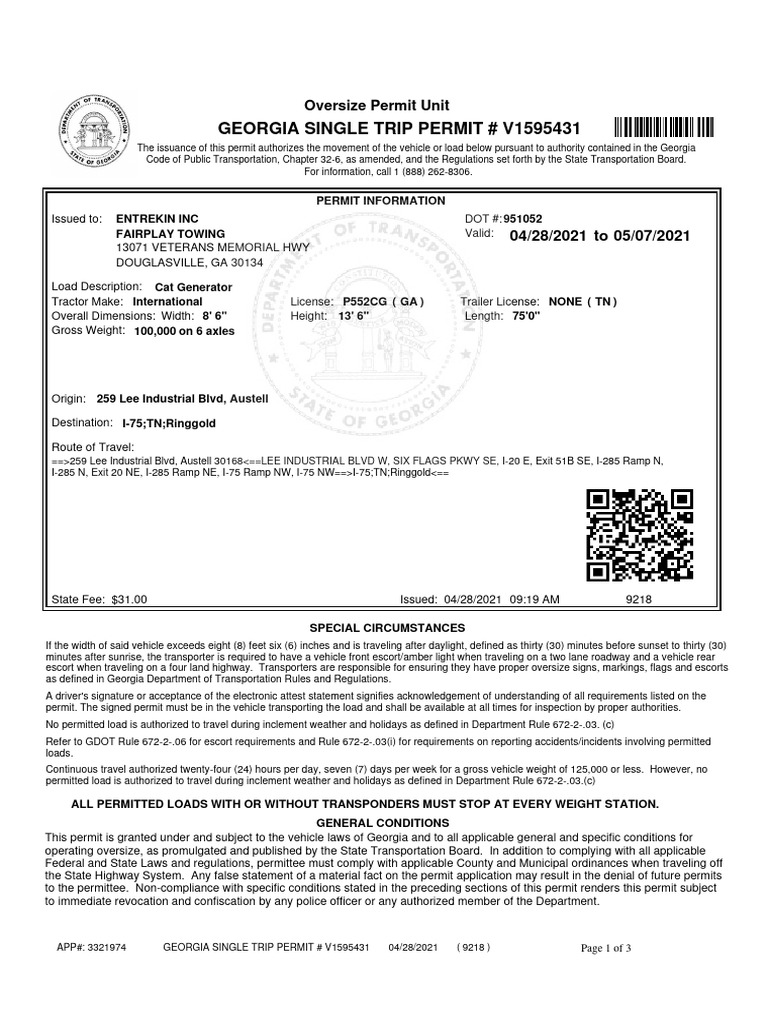 SIMS GA Permit 4.28.2021 | PDF | Trailer (Vehicle) | Road Transport