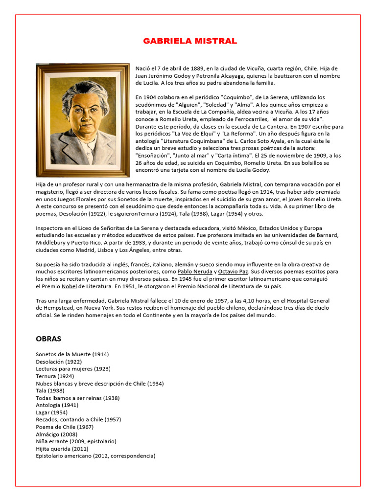 Biografia de Gabriela Mistral | PDF