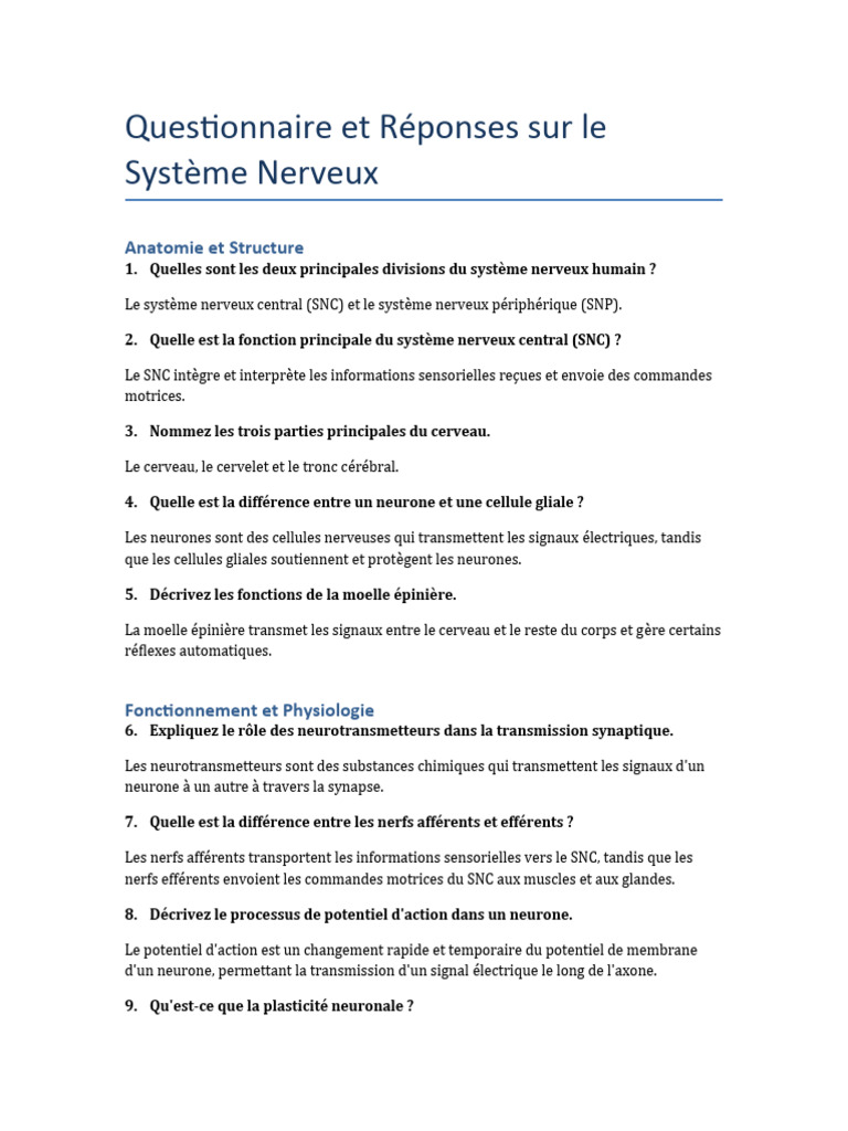 Questionnaire sur le Système Nerveux | PDF | Système nerveux | Cerveau