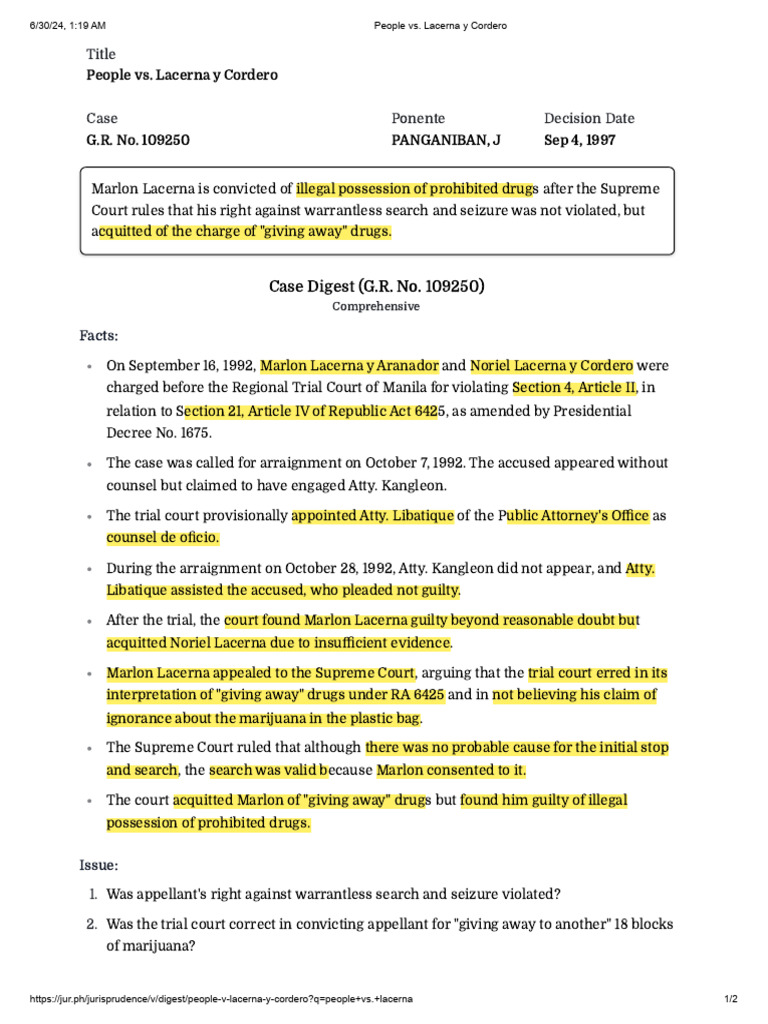 People vs. Lacerna: Drug Conviction Ruling | PDF | Search And Seizure ...