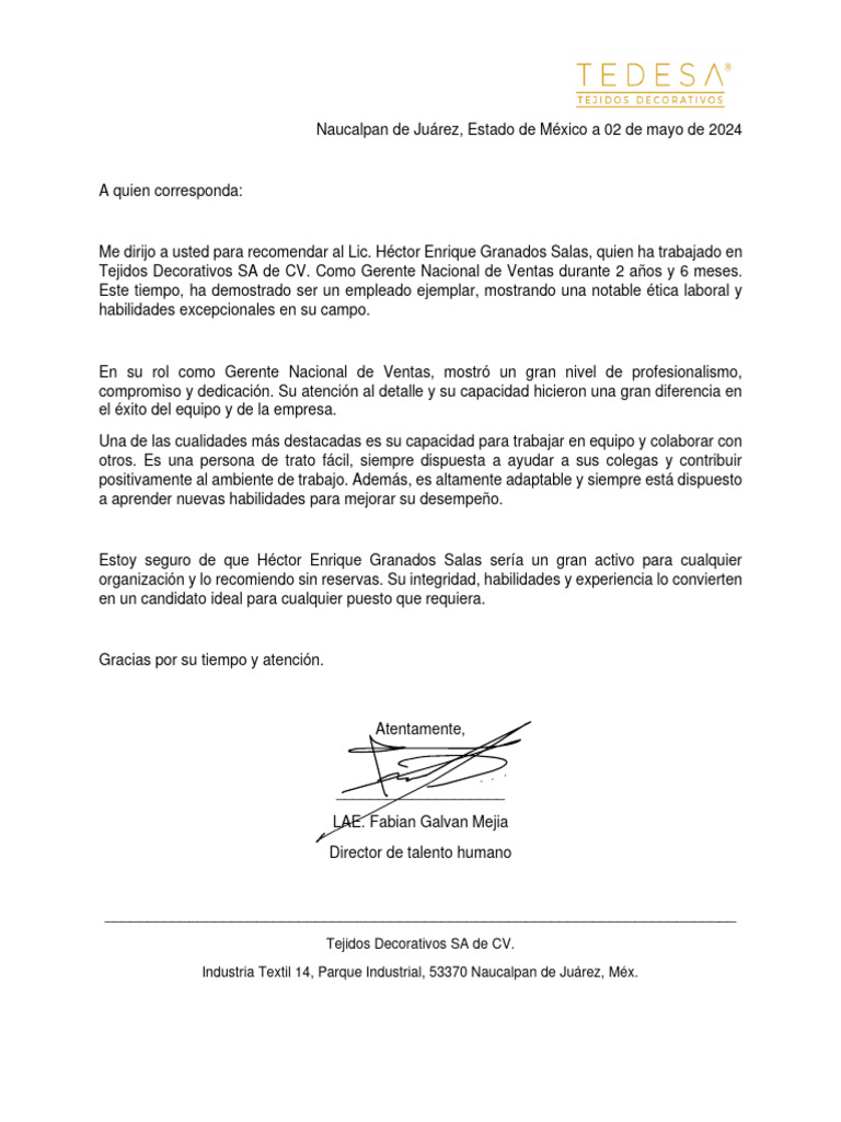 Recomendación para Héctor Granados Salas | PDF
