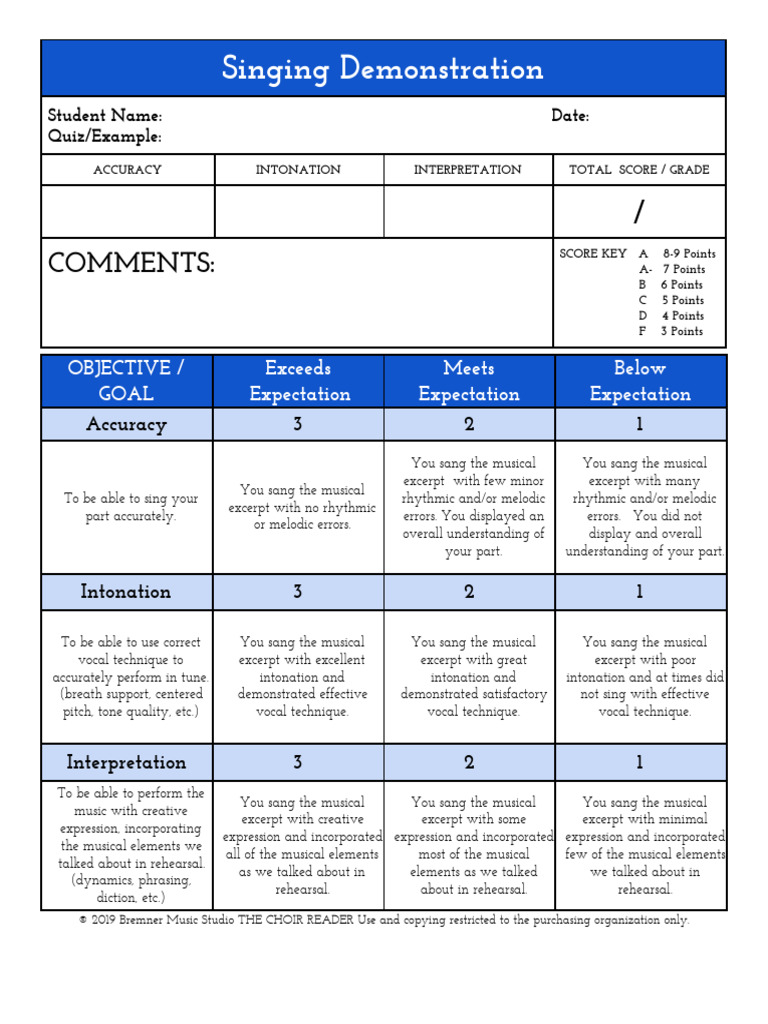 2 - Singing Assessment - Part Test Rubric For Choir Programs | PDF ...