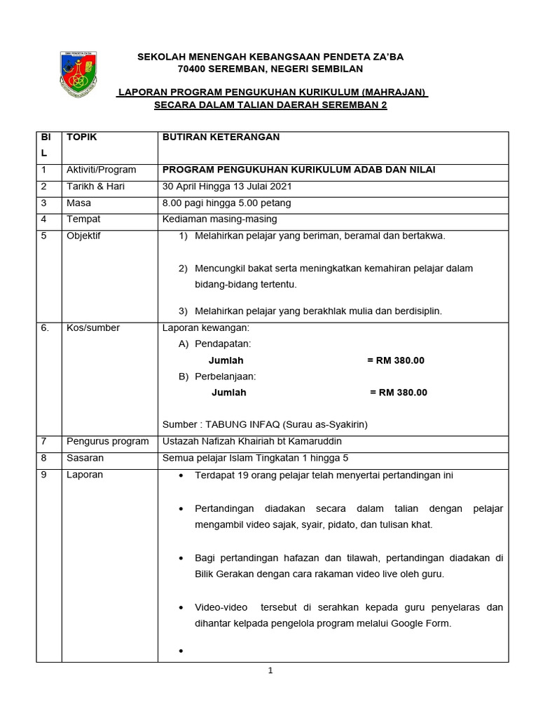 Laporan Mahrajan Online SMK Pendeta Za'ba | PDF