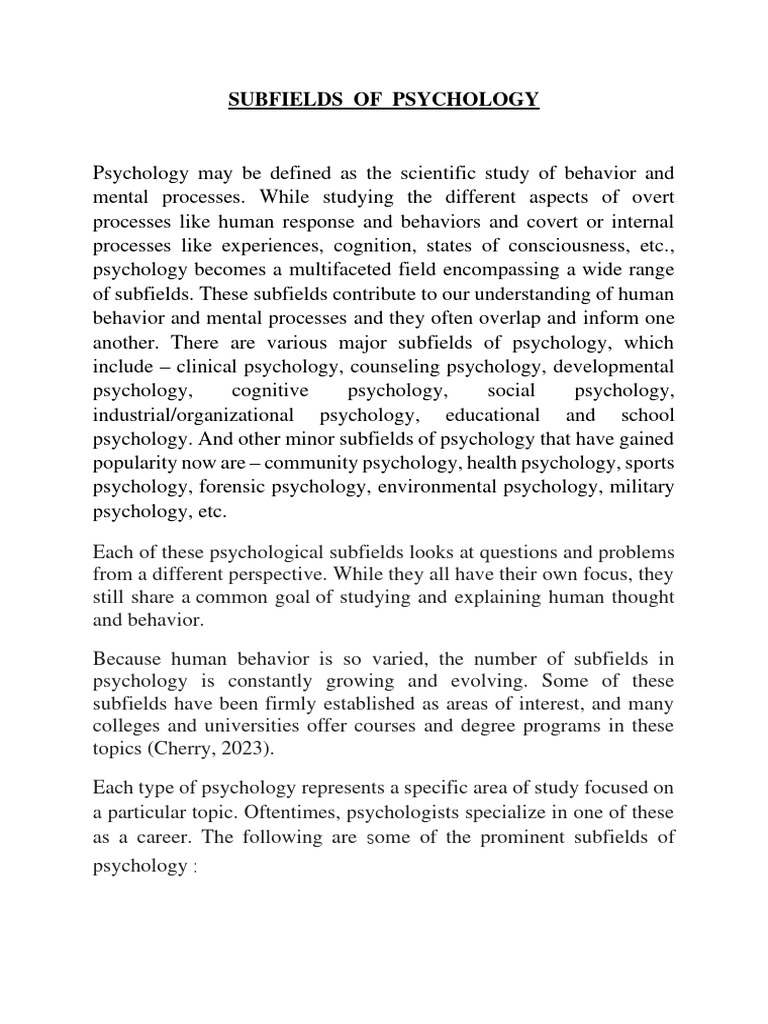 Subfields of Psychology | PDF | Psychology | Emotions