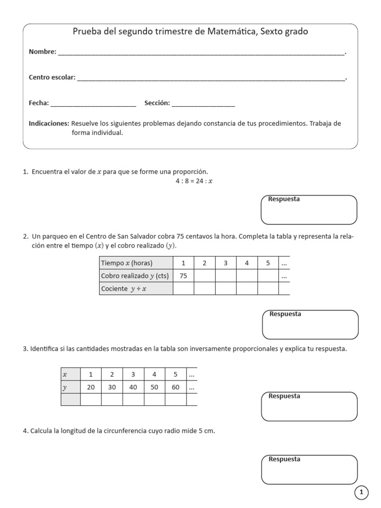 6° Prueba de Trimestre II 2024 | PDF | Matemáticas