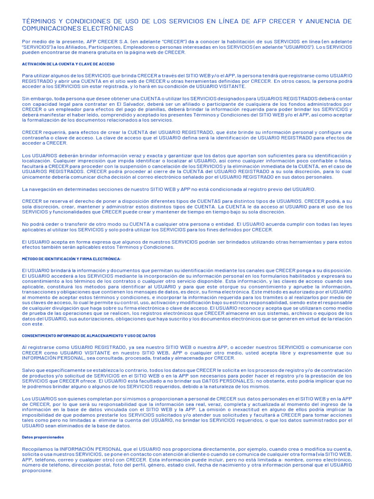 Términos y Condiciones de Uso Servicios en Línea y Anuencia de Comunicaciones Electrónicas | PDF ...