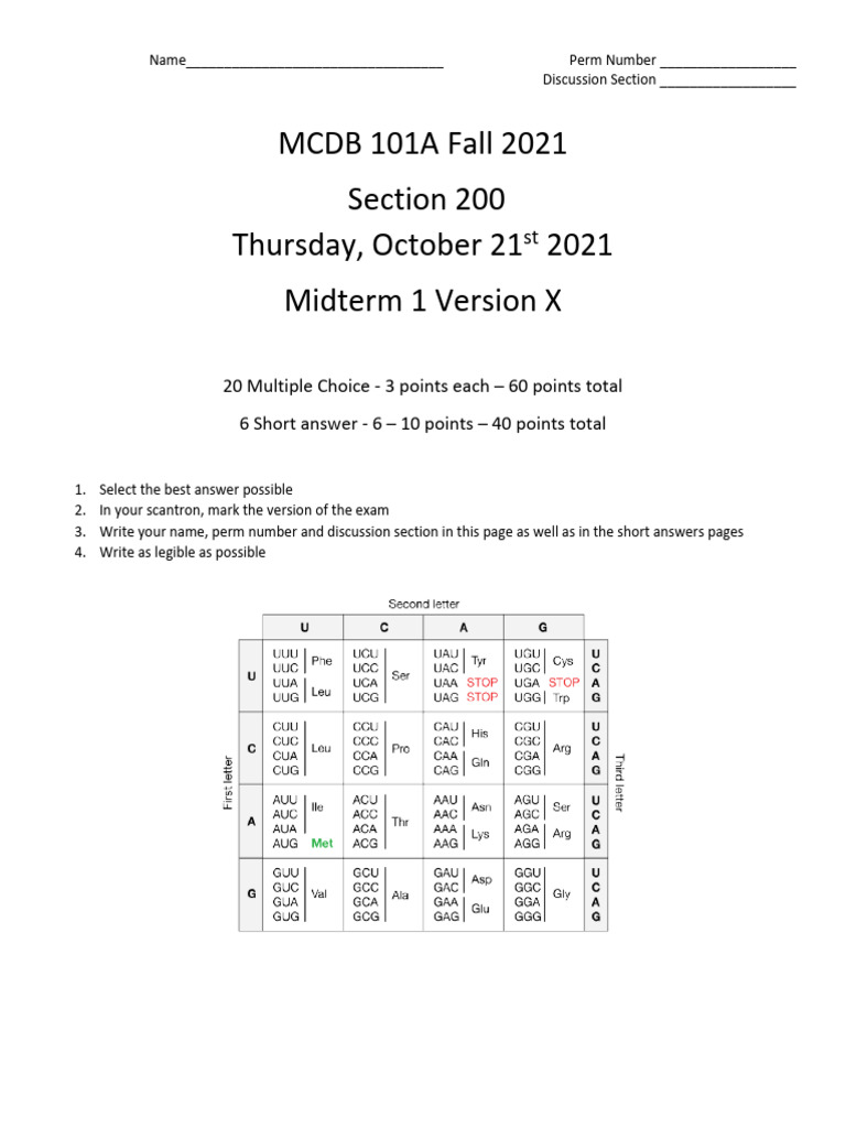 MCDB 101A Midterm 1 - Key | PDF | Dna | Genetic Code MCDB 101A Midterm 1 - Key | PDF | Dna | Genetic Code