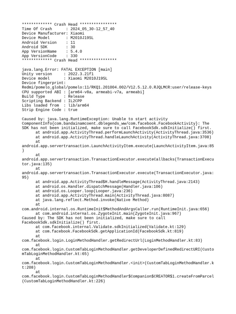 Xiaomi Crash Report: Facebook SDK Error | PDF | Android (Operating System) | Computing Platforms