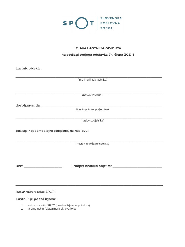 Izjava Lastnika Objekta SP - SPOT | PDF