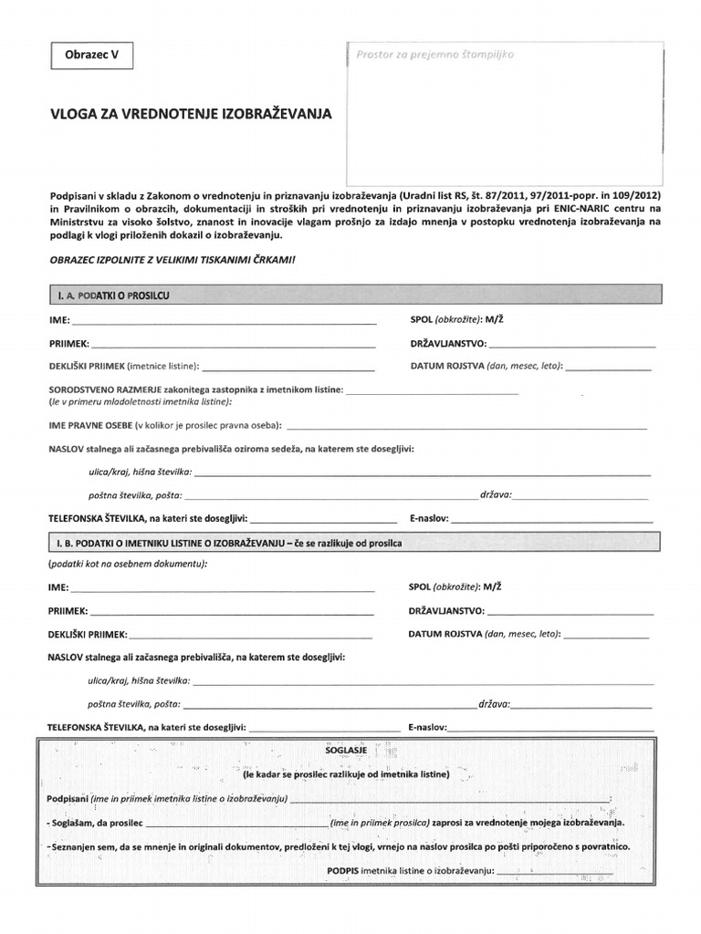 Vloga Za Vrednotenje Izobrazevanja Obrazec Z Navodili | PDF