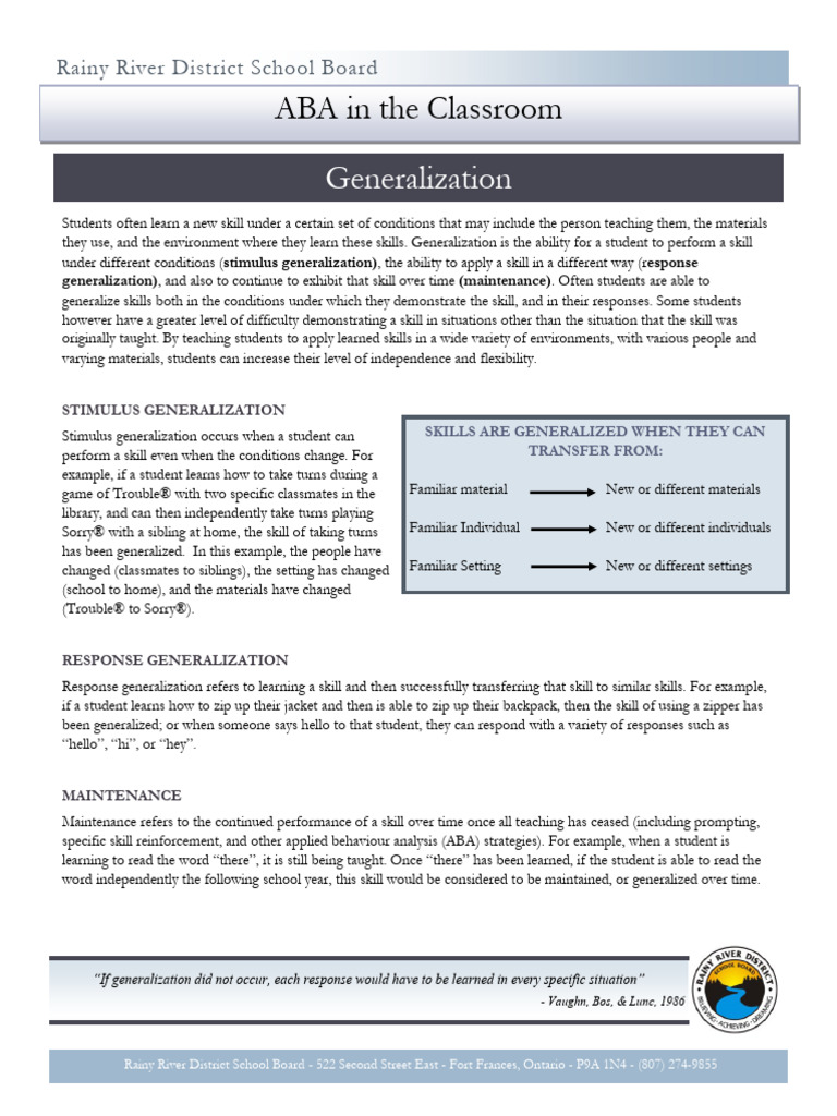 ABA Generalization Newsletter | PDF | Reinforcement | Cognitive Science