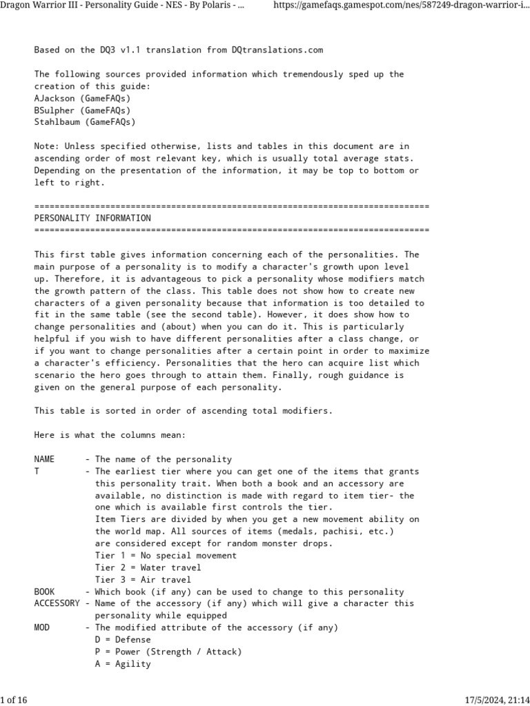 DQ3 Personality Guide Overview | PDF