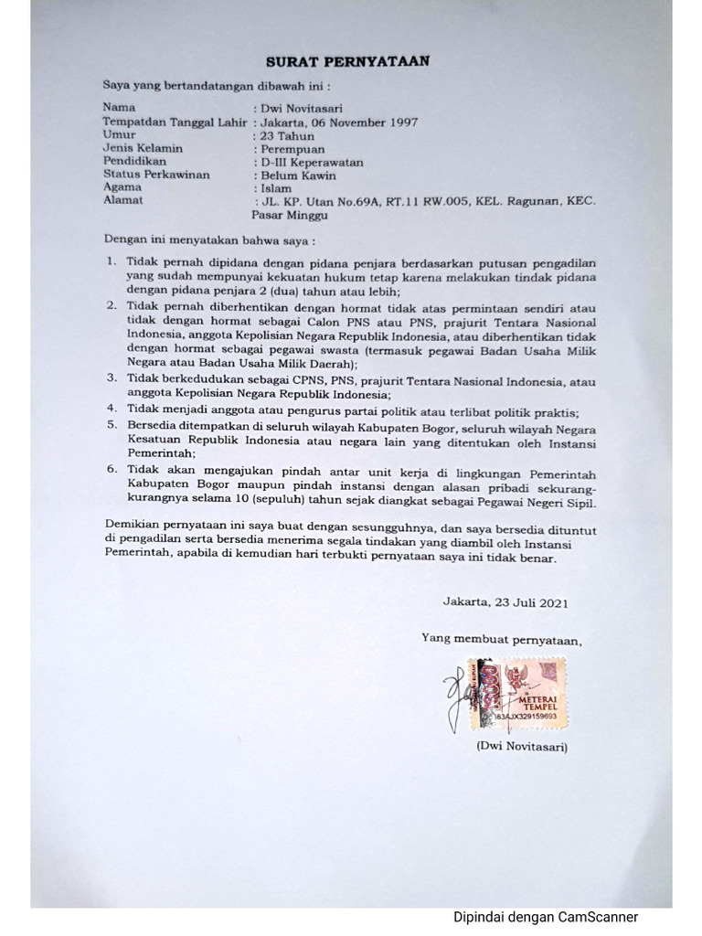 Surat Pernyataan Dwi Novitasari | PDF