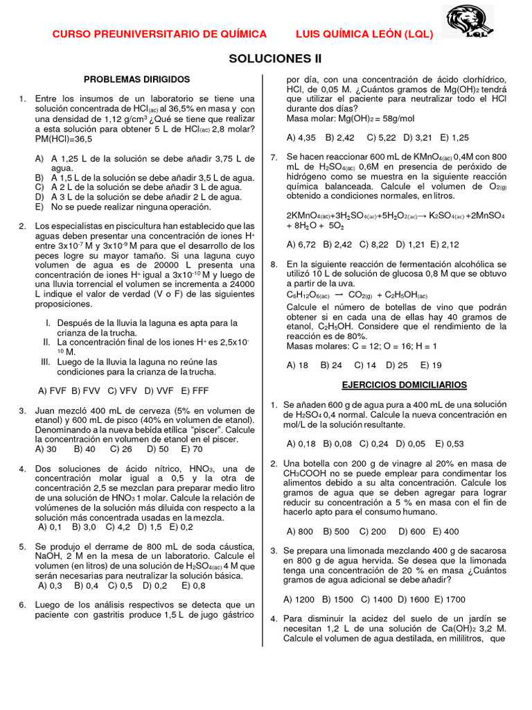 Soluciones Ii (Problemas) | PDF | Concentración | Hidróxido de sodio