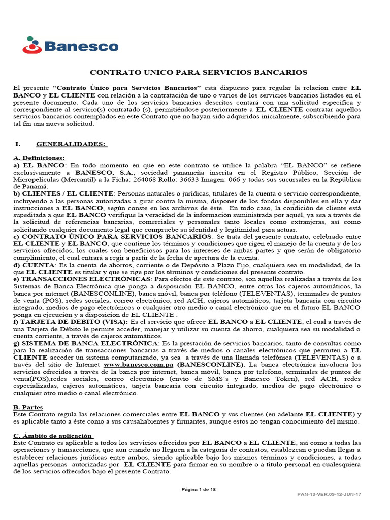 Contrato Único para Servicios Bancarios Banesco Panamá. | PDF | Bancos ...