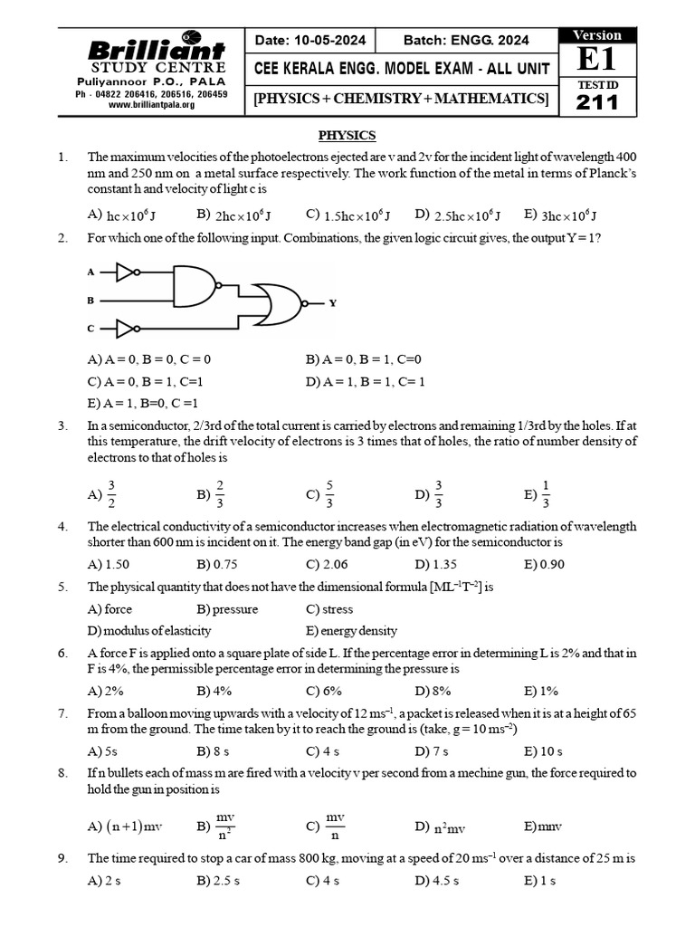 KEAM (All Unit) 10-05-2024-1 | PDF | P–N Junction | Physical Quantities