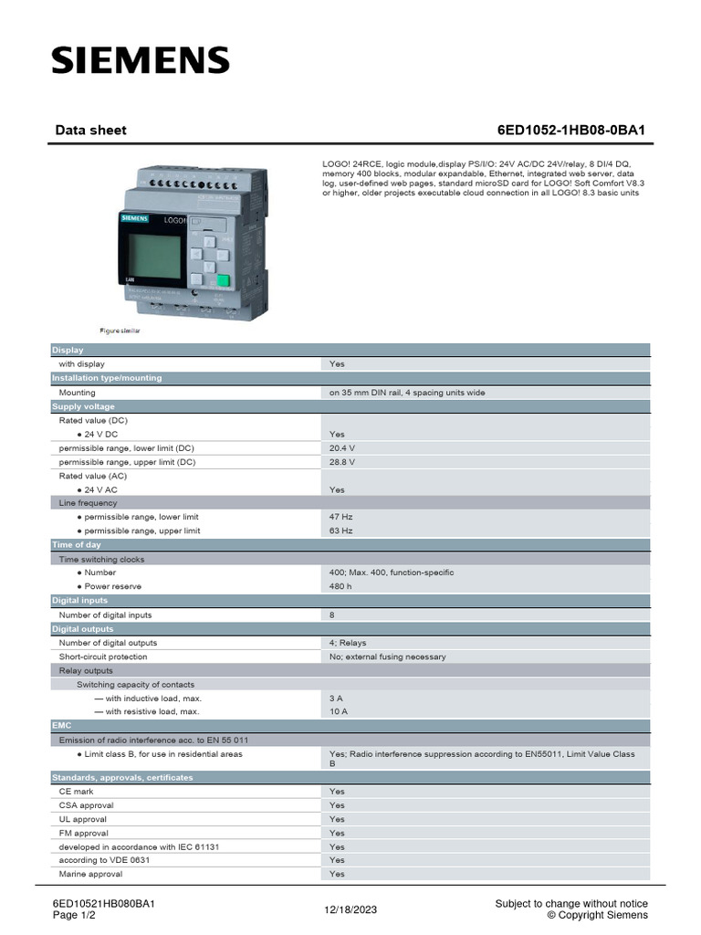 Ficha Técnica Del PLC Logo 8 | PDF | Relay | Alternating Current