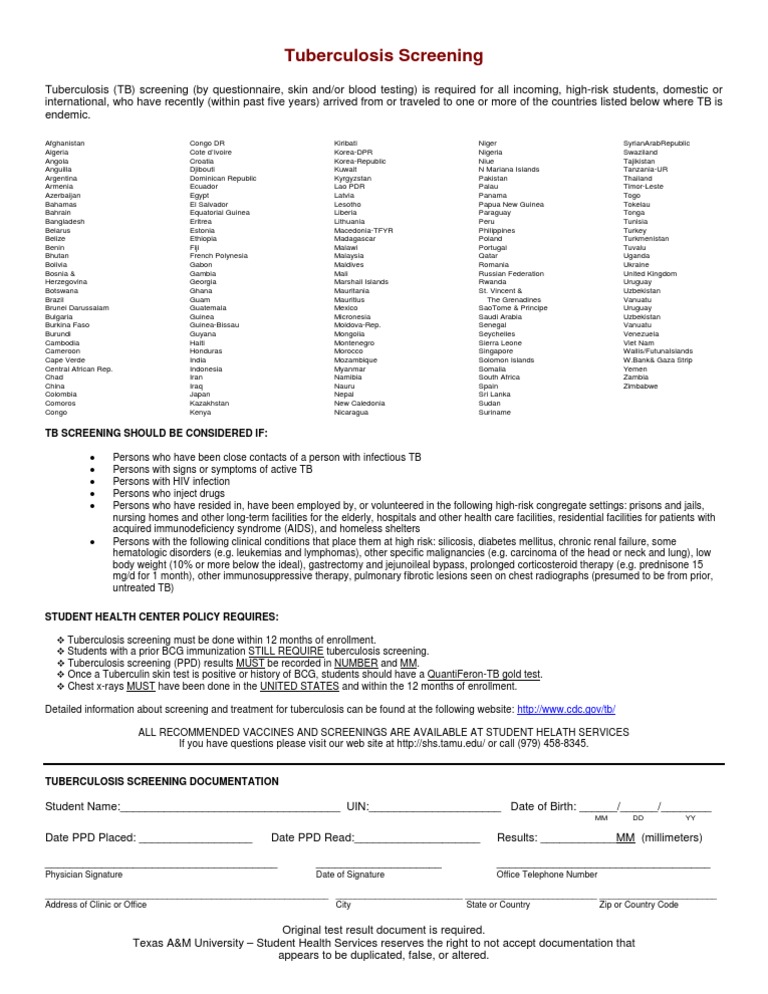 Tuberculosis Screening Form | PDF | Tuberculosis | Immunology