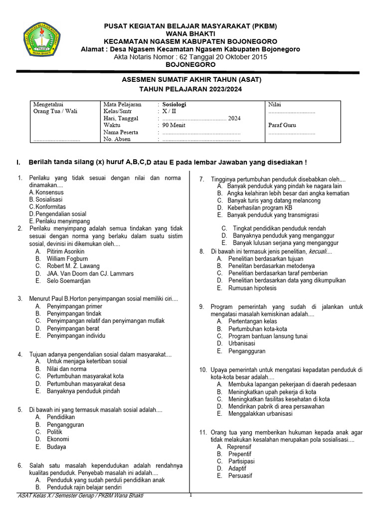 Soal ASAT Sosiologi SMTR 2 - Kelas X | PDF