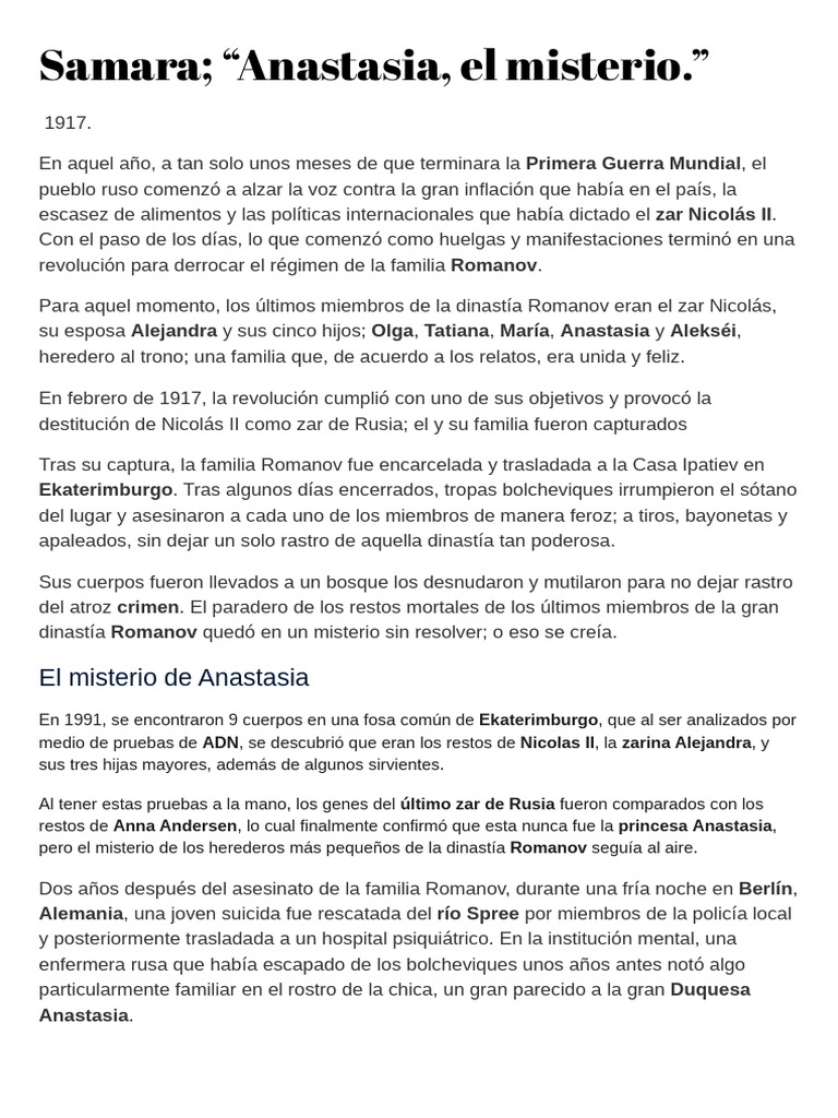Samara "Anastasia, El Misterio." | PDF | Casa de romanov | Nicholas Ii De Rusia