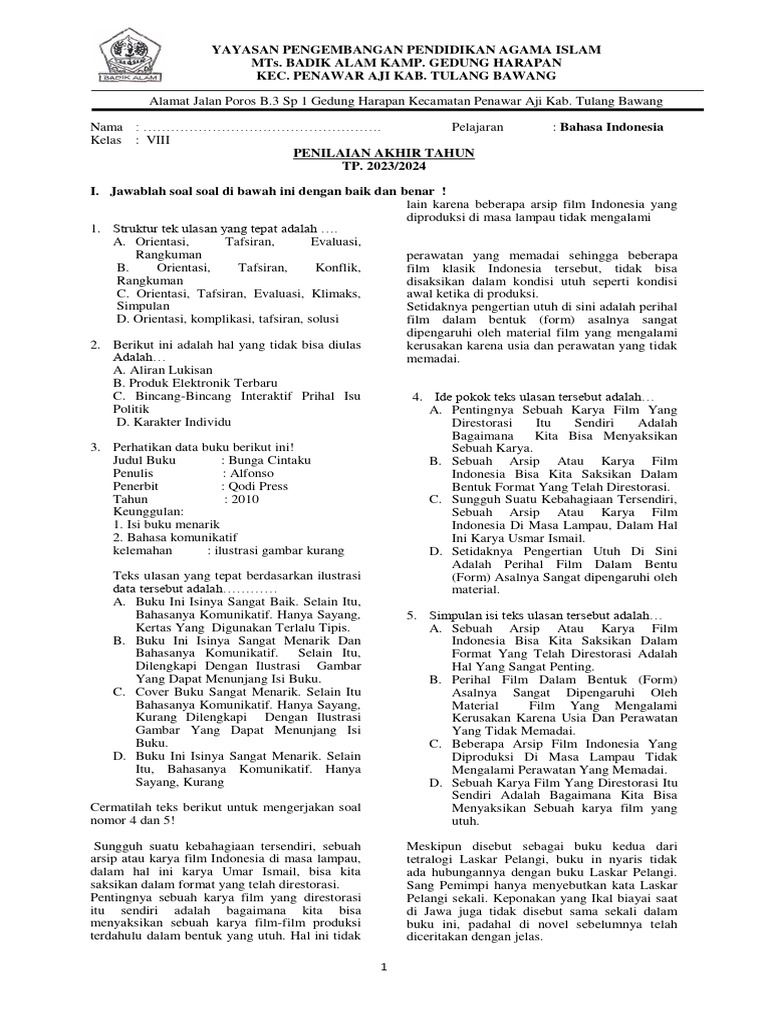 Pat Bindo Kelas 8 2024 | PDF | Fiksi Umum