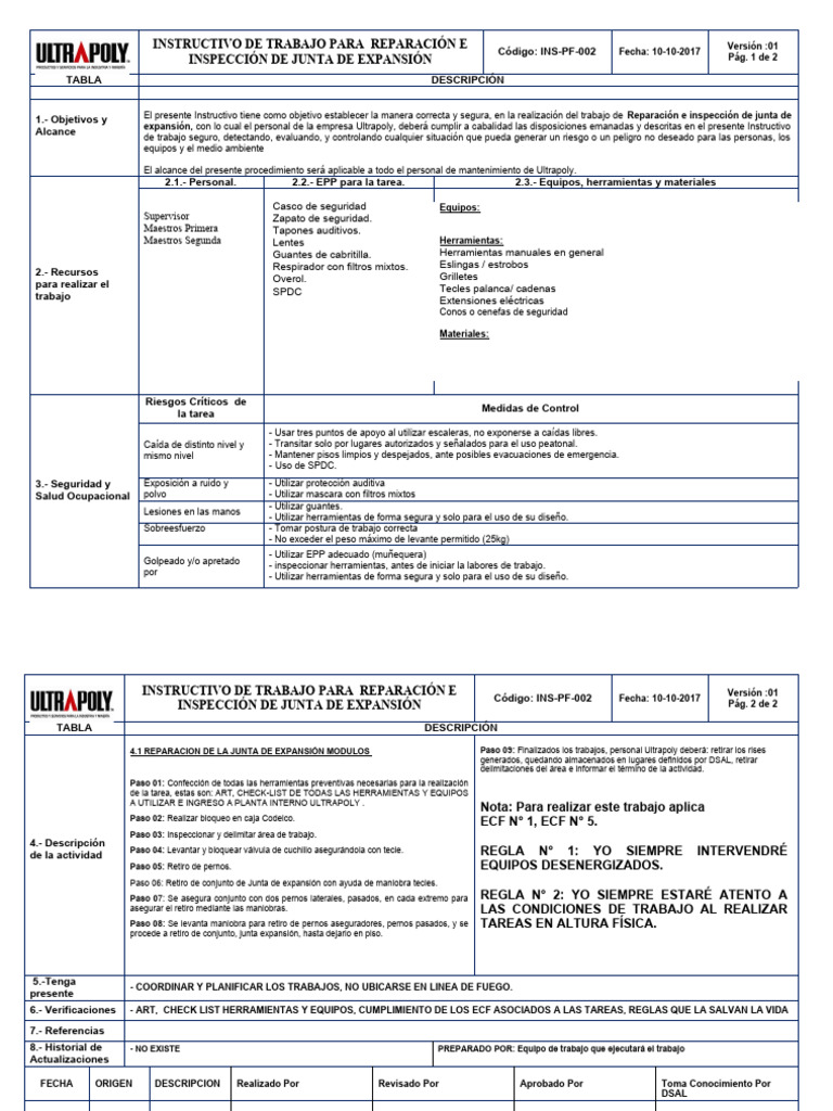 Ins-Fs-002 Reparación e Inspección Junta de Expansión | PDF | Seguridad y salud ocupacional