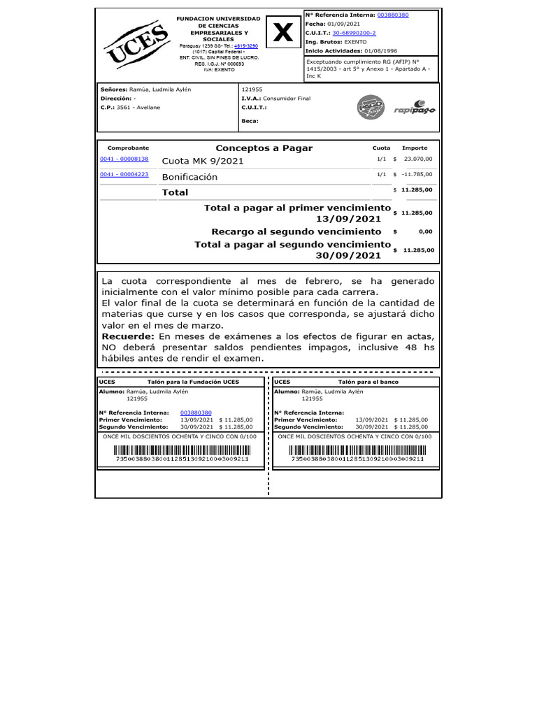 UCES - Boleta de Pago 2 | PDF