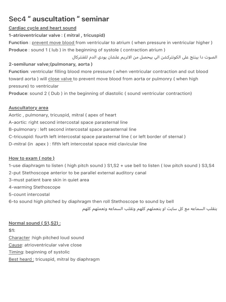Sec4 " Auscultation " Seminar | PDF | Heart | Heart Valve
