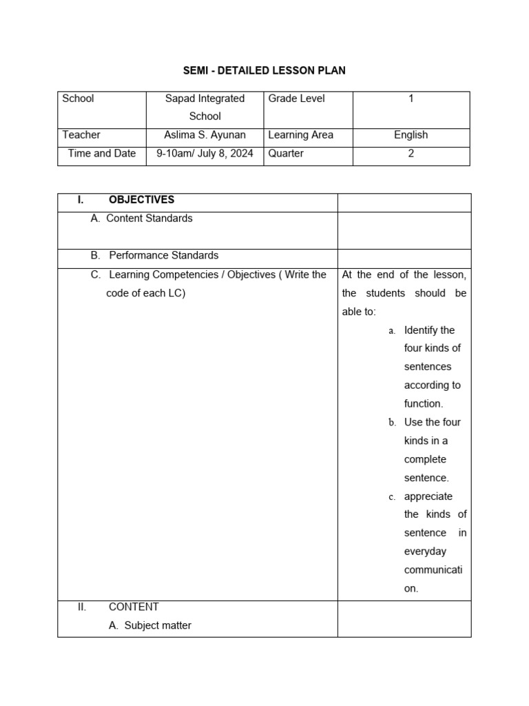 Grade 1 English Lesson: Sentence Types | PDF | Lesson Plan | Learning