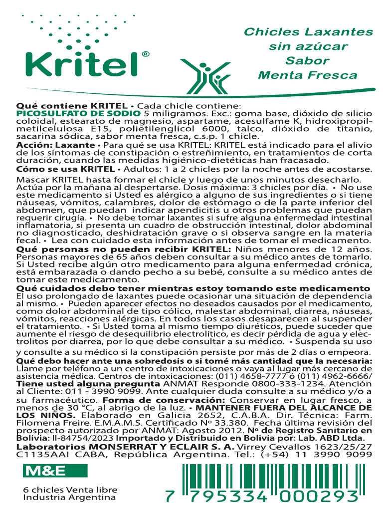 Nuevo Prospecto Kritel Chicles Laxantes Blister | PDF