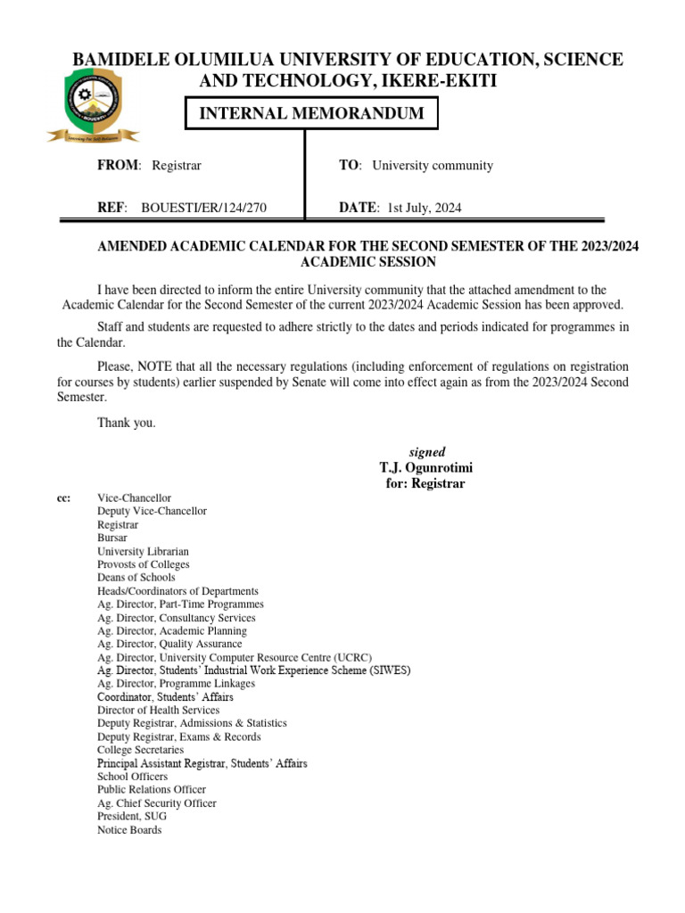 Amended Academic Calendar For The Second Semester of The 2023 2024 Academic Session | PDF ...
