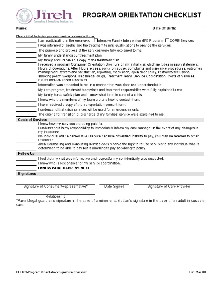 Program Orientation Checklist Pdf Legal Guardian Health Care