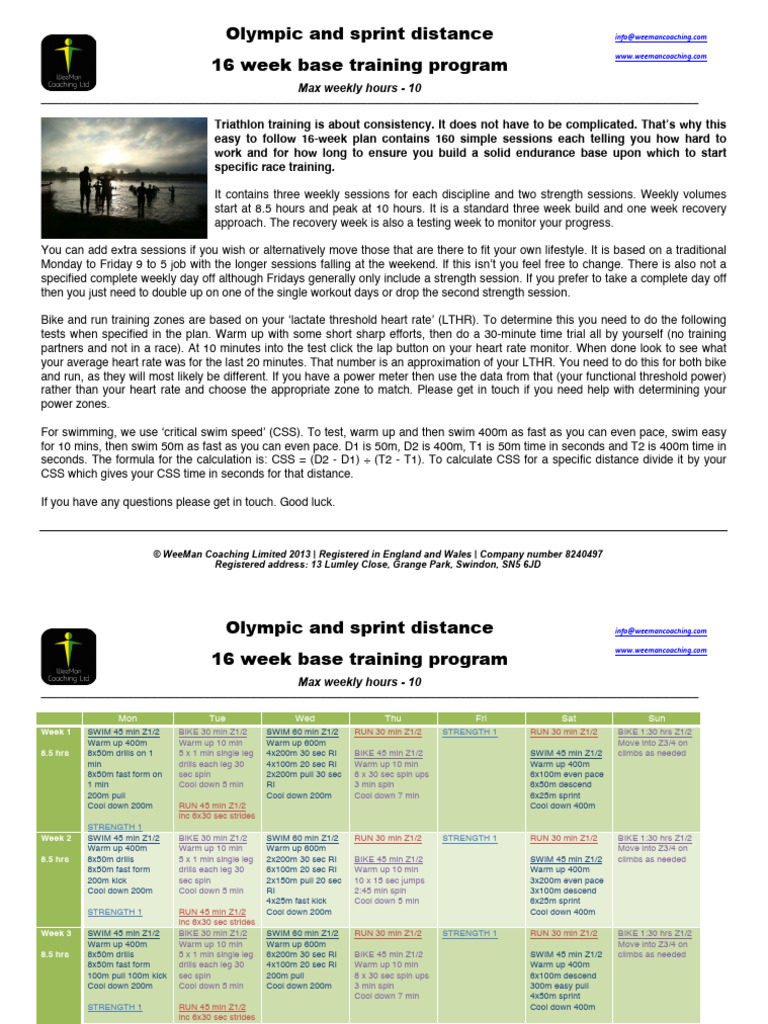 Olympic and Sprint Distance 16 Week Base Training Program: Max Weekly ...