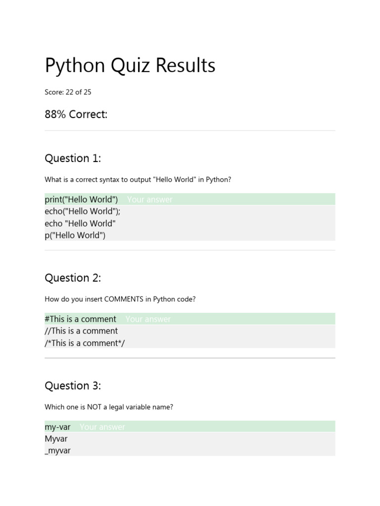 Python Quiz Results Pdf Programming Paradigms Computer Science