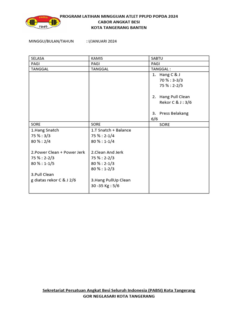 Program Latihan Mingguan Atlet PPLPD 2024 | PDF