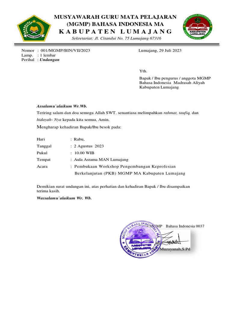 Undangan MGMP peserta BIN 0037 | PDF